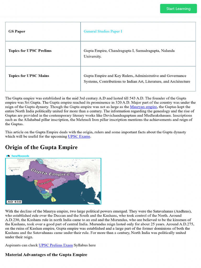 Gupta Empire - Origin, Rulers, Architecture & More - UPSC Notes | PDF
