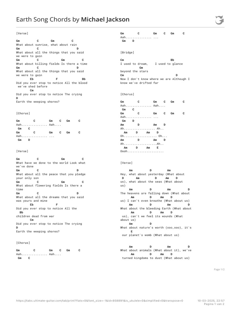 Earth Song Chords by Michael Jackson | PDF