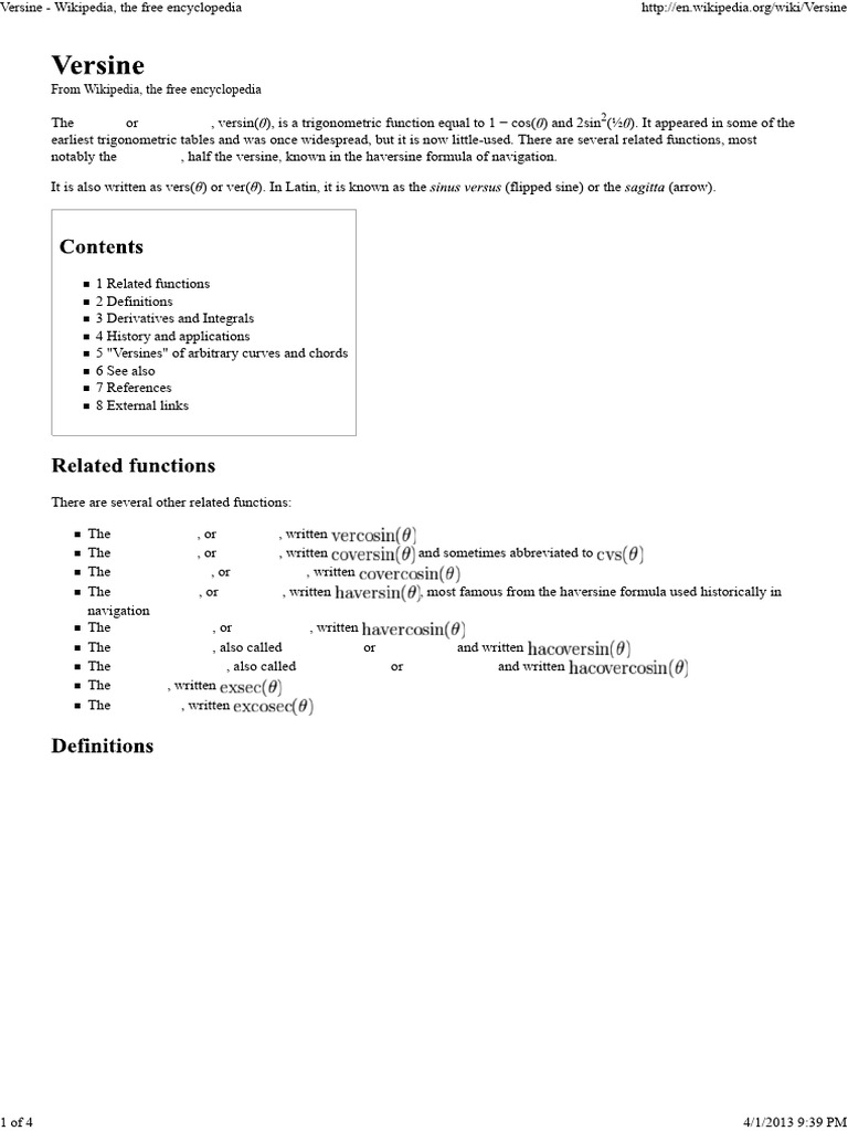 Versine - Wikipedia, The Free Encyclopedia | PDF | Trigonometry ...