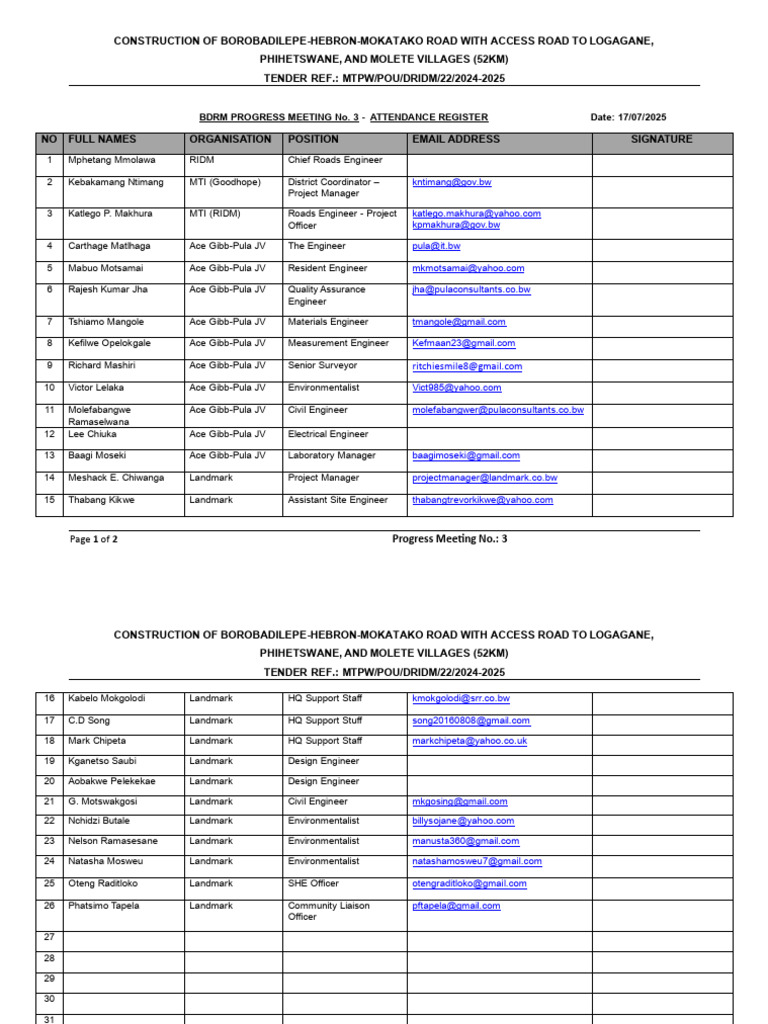 Attendance Register - Minutes of BMRD Progress Meeting No. 3 ...