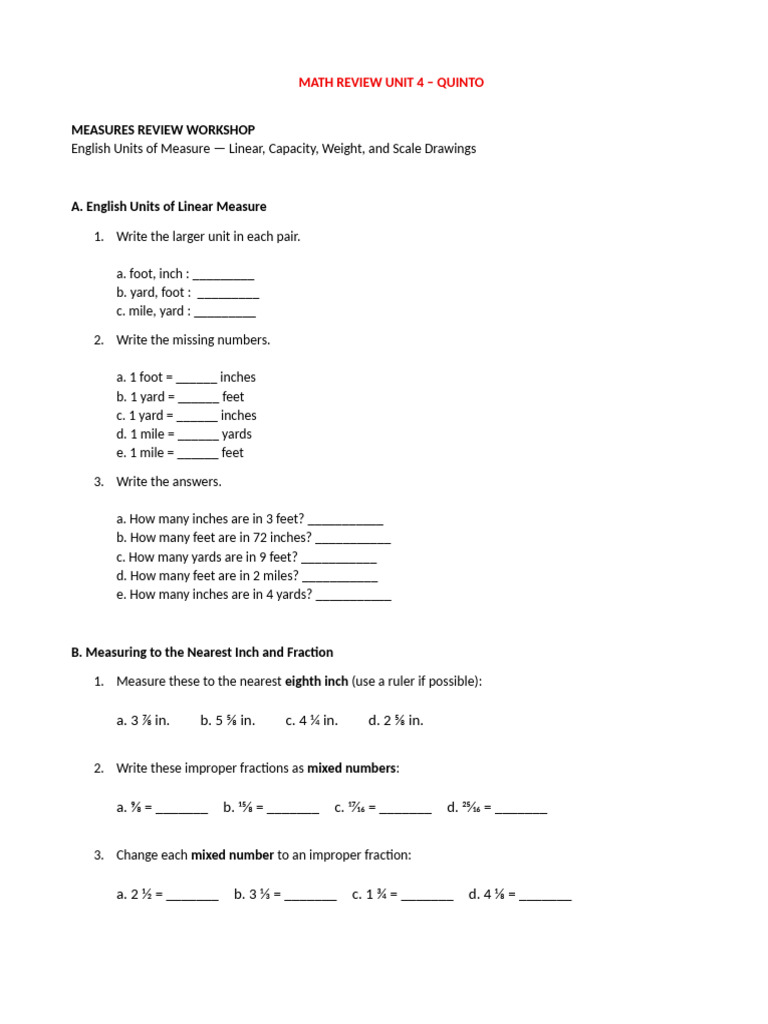 Math Review Unit 4 Quinto | PDF | Gallon | Units Of Measurement