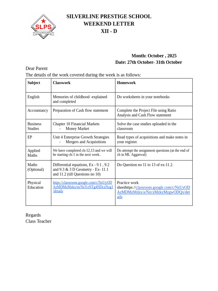 Weekend Letter XII D (27 Octber - 31 October) | PDF