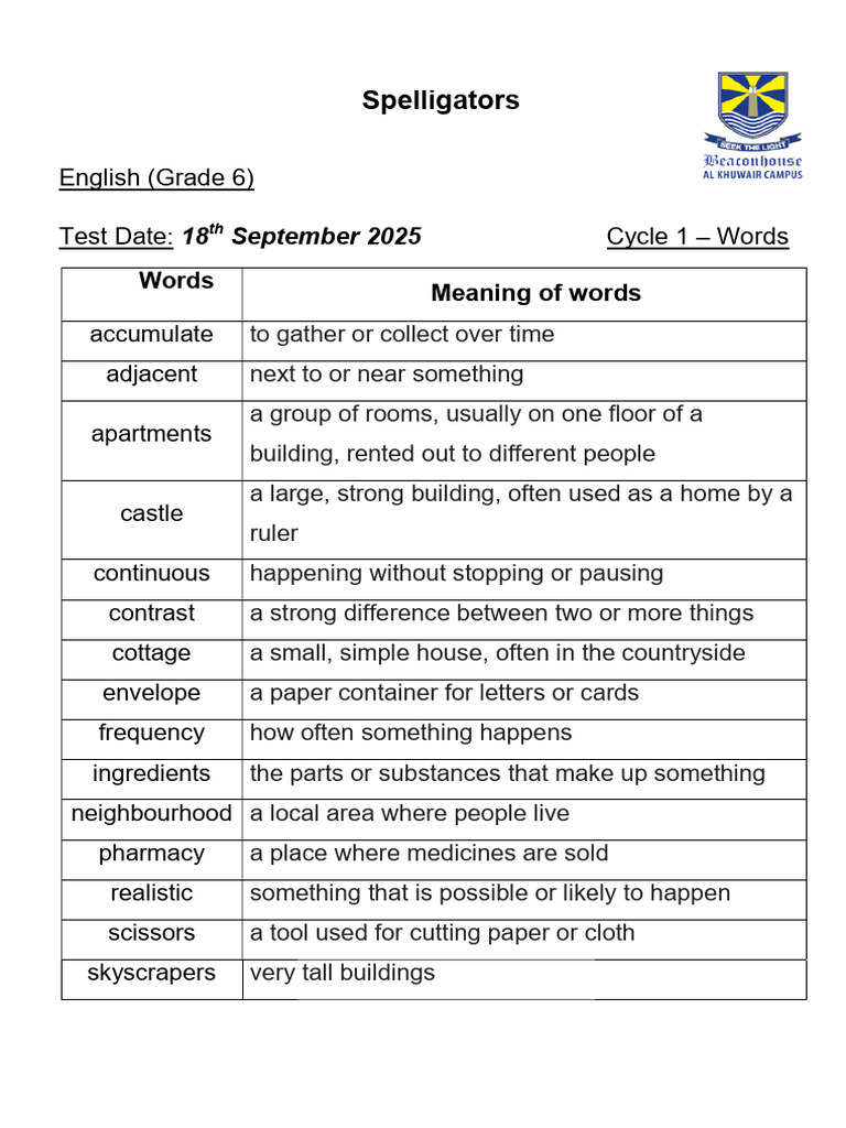 6 Spelling Test Term 1 Word List 1761754261019 | PDF