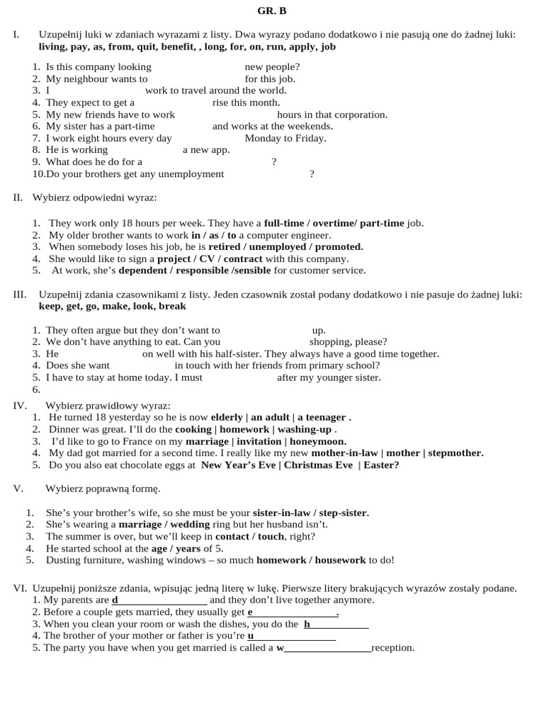 Repetytorium Test - Family Life, Work (GR.B) | PDF