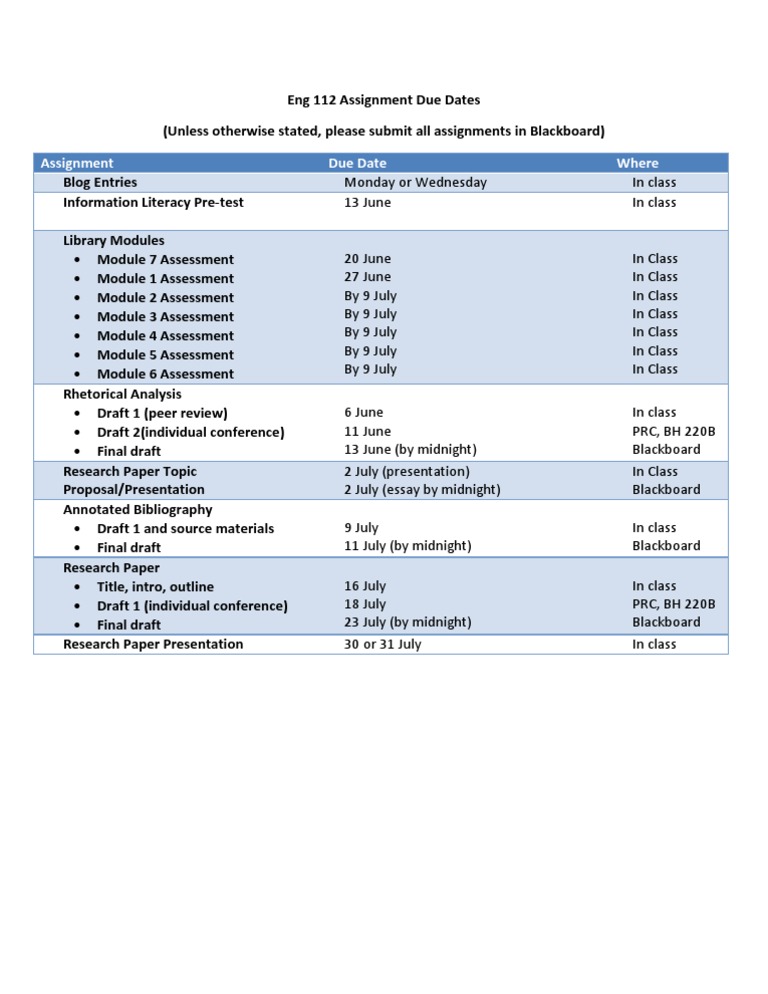 Eng 112 Assignment Due Dates Guide | PDF