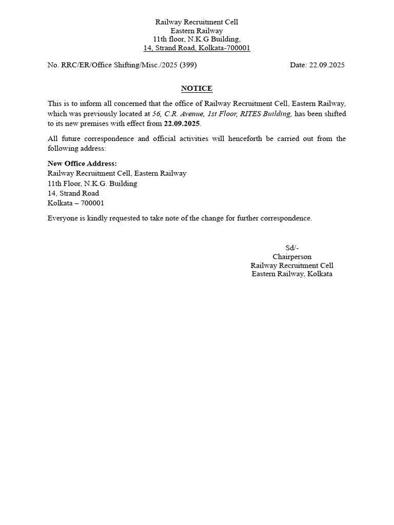Notice Regarding Shifting of RRC-ER Office | PDF
