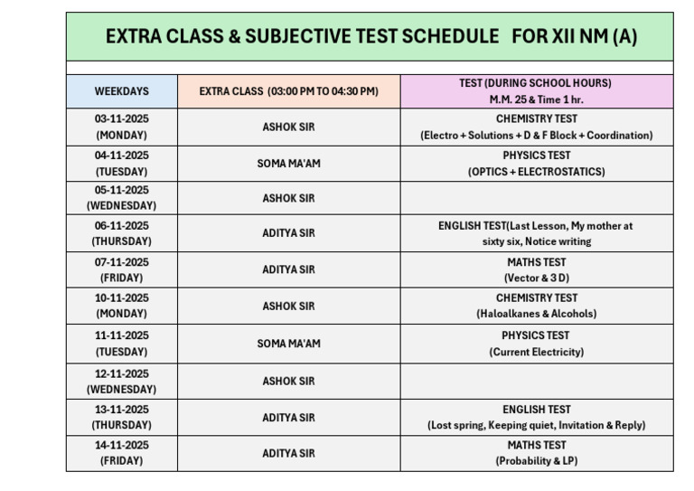 XII NM Class Schedule & Tests 2025 | PDF