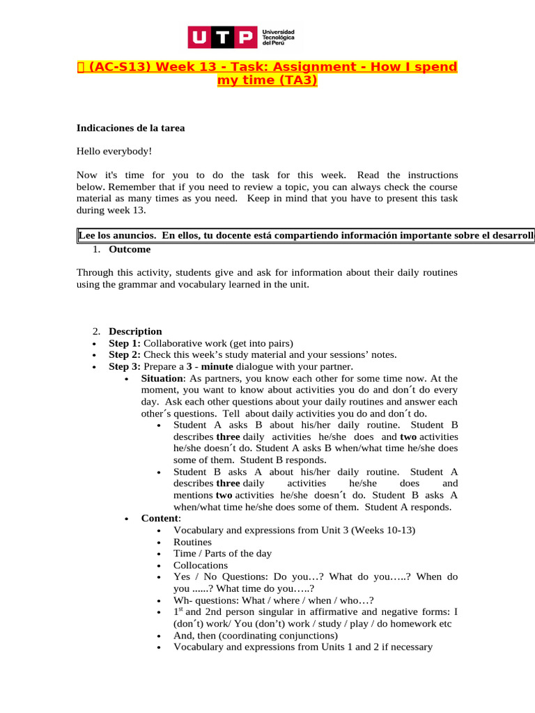 ? (AC-S13) Week 13 - Task Assignment - How I Spend My Time (TA3) (INGLES 1) | PDF | Human ...