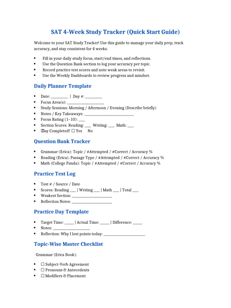 SAT 4 Week Study Tracker | PDF | Linguistics | Grammar