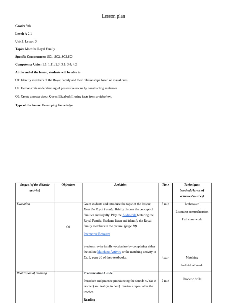 Royal Family Lesson Plan for Grade 5 | PDF | Linguistics | Human ...