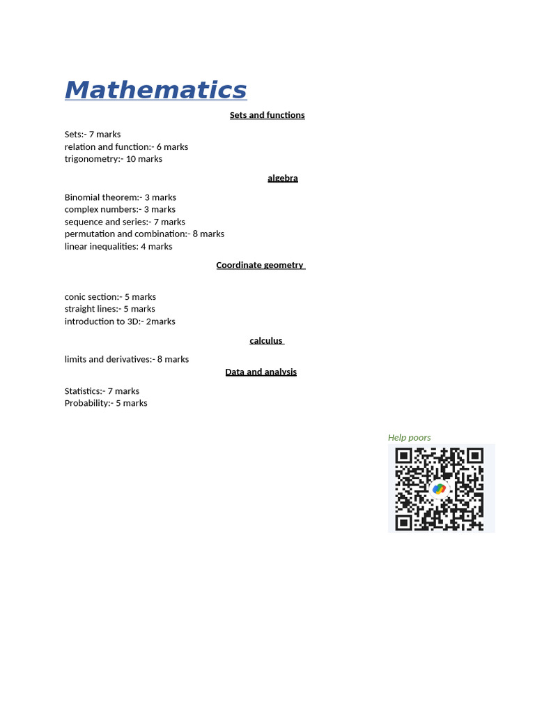 Mathematics Topics and Marks Breakdown | PDF