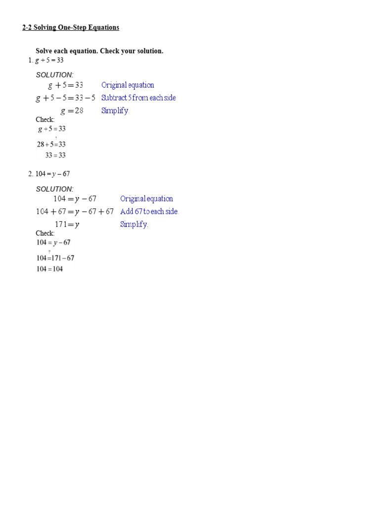 One-Step Equations Solutions Guide | PDF | Area | Equations