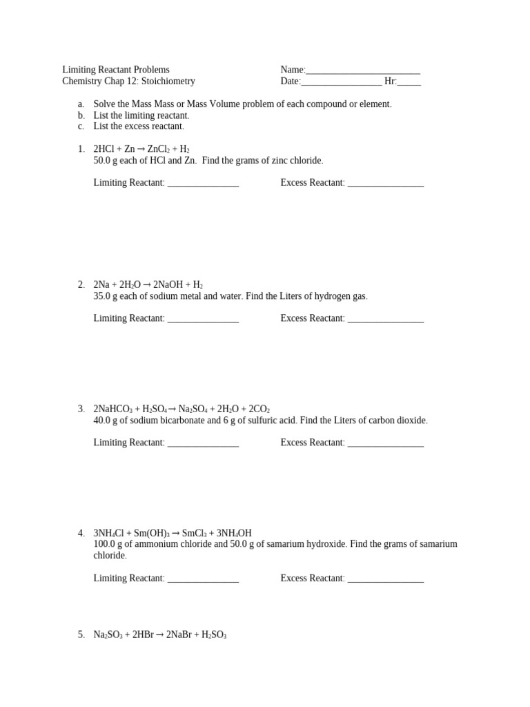Limiting Reactant Stoichiometry Problems | PDF