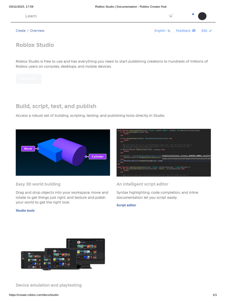 Roblox Studio _ Documentation - Roblox Creator Hub | PDF