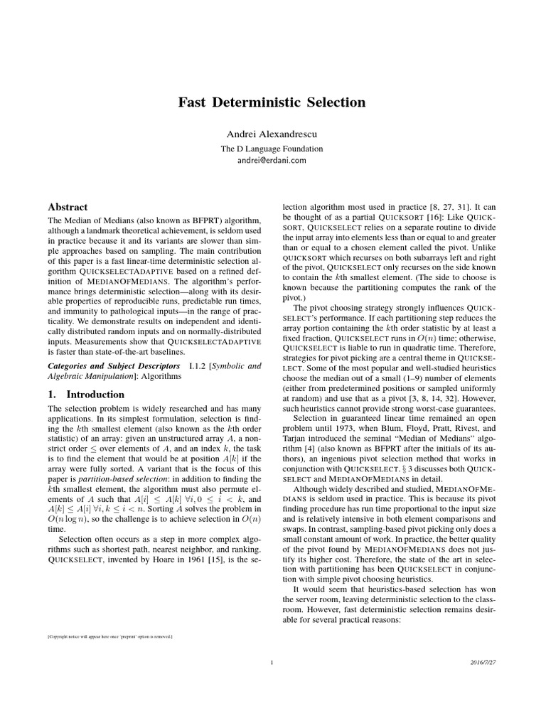 Fast Deterministic Selection | PDF | Theoretical Computer Science ...