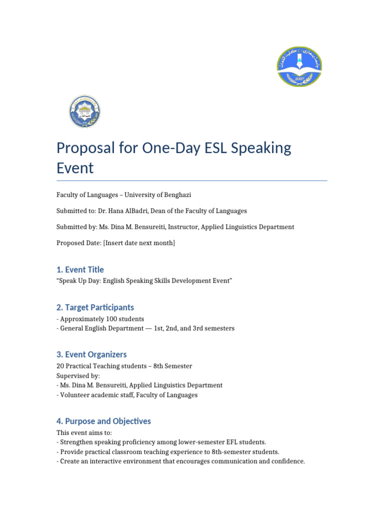 ESL Speaking Event Proposal Branded | PDF | English As A Second Or ...
