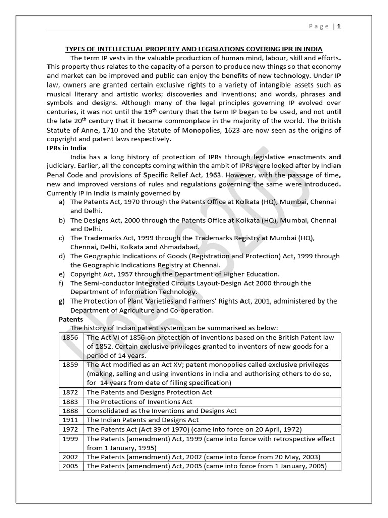 IPR Legislation Overview in India | PDF | Intellectual Property | Trademark