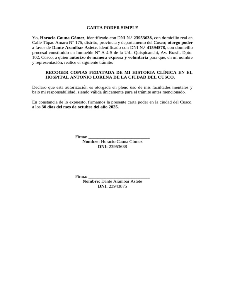 Carta Poder Simple para Recoger Historia Clínica | PDF