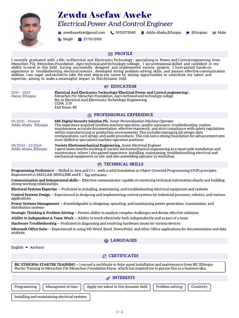 Zewdu Asefaw Aweke FlowCV Resume 20251023 | PDF | Computer Programming | Object Oriented Programming