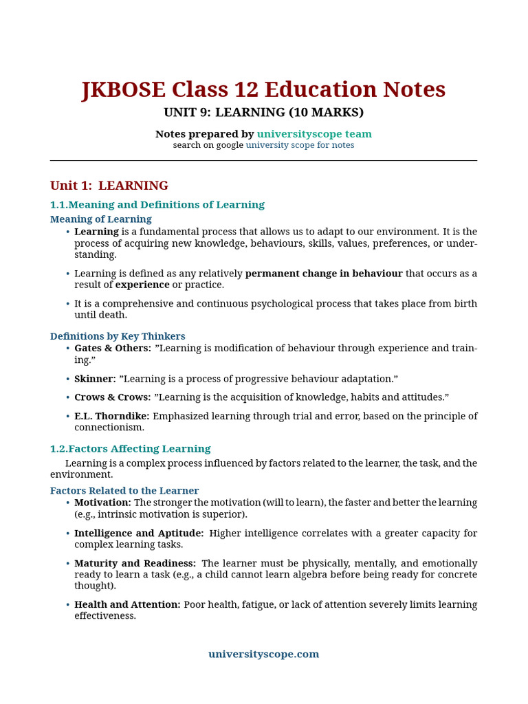 JKBOSE Class 12 Education Notes - Unit 9 | PDF | Learning | Teaching Method