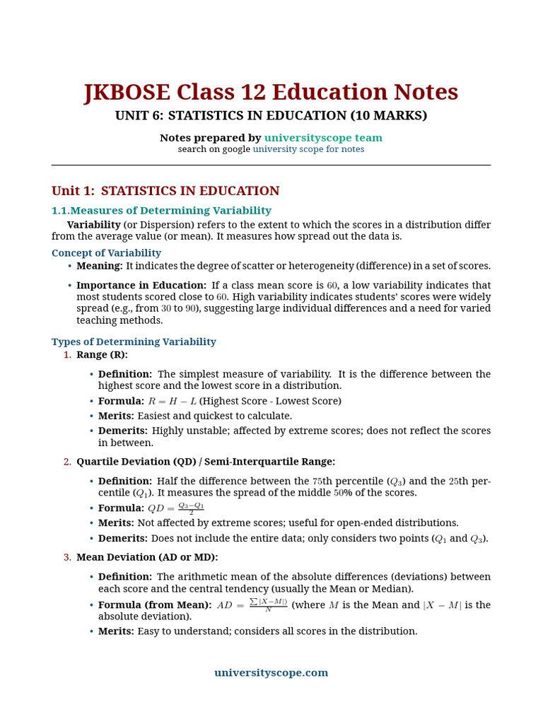JKBOSE Class 12 Education Statistics Notes | PDF | Descriptive ...