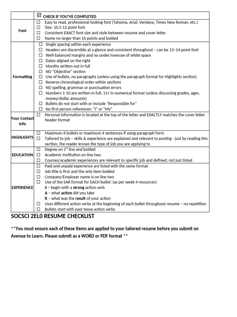 2EL0 Resume Checklist Winter 23 | PDF | Résumé | Language Mechanics