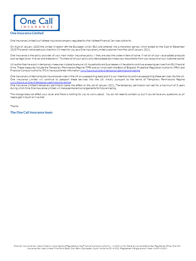 One Insurance Limited Notice | PDF | Insurance | Financial Services