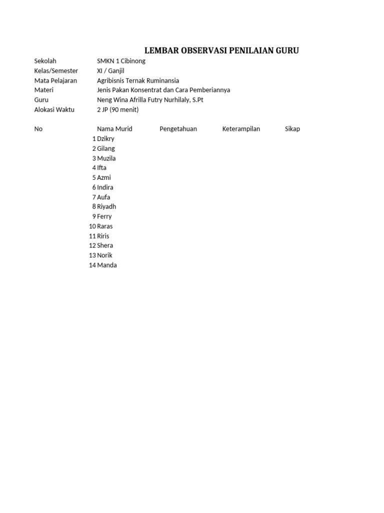 Lembar Penilaian SMKN1 Cibinong | PDF