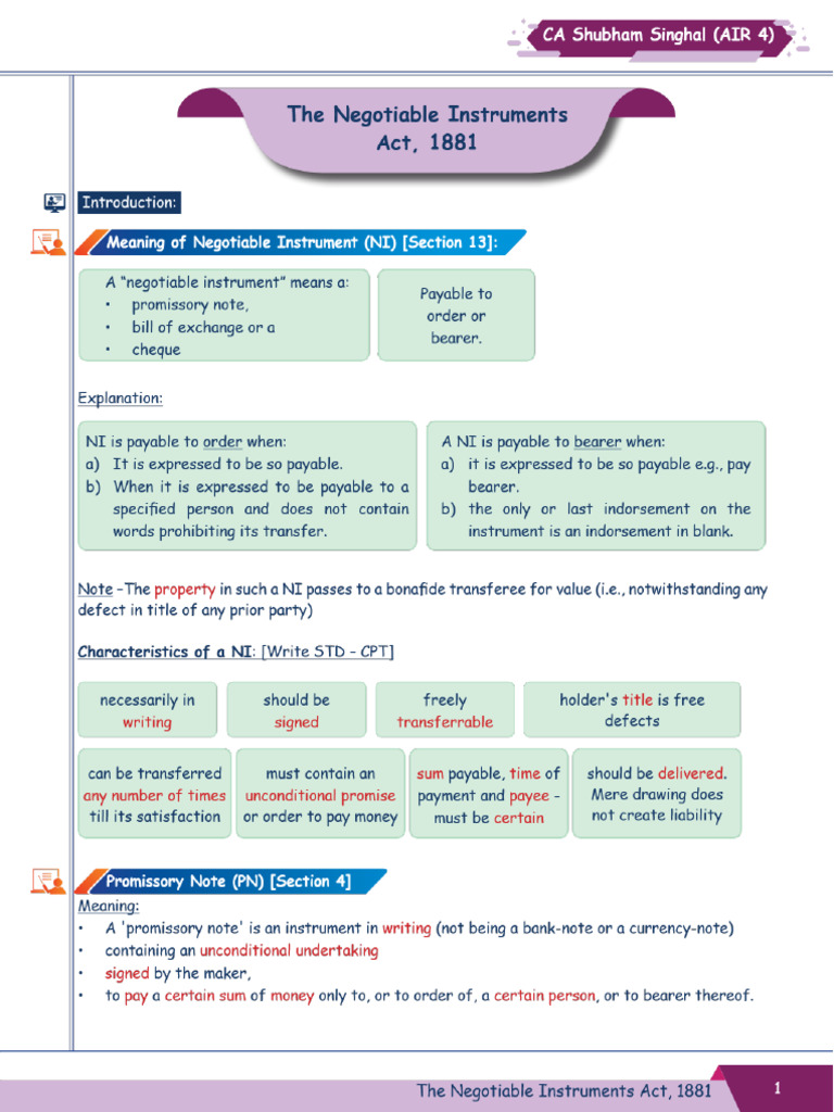 Overview of Negotiable Instruments Act | PDF | Negotiable Instrument ...