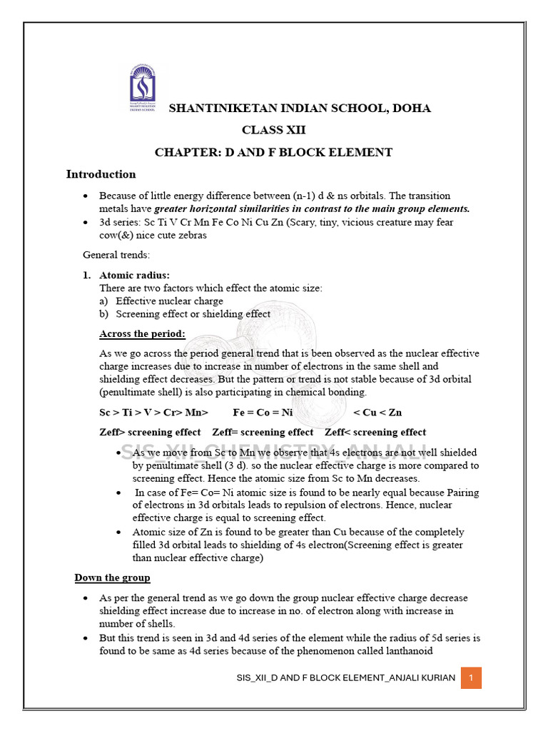 D and F Block Elements Overview | PDF | Transition Metals | Lanthanide