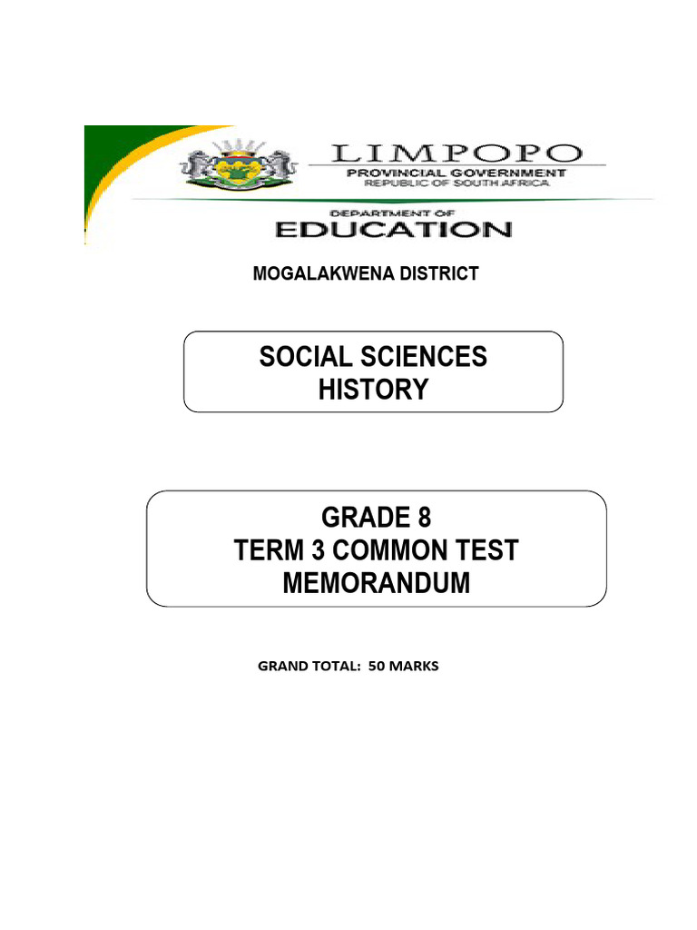 Grade 8 Term 3 History Test MEMO - 250908 - 211715 | PDF