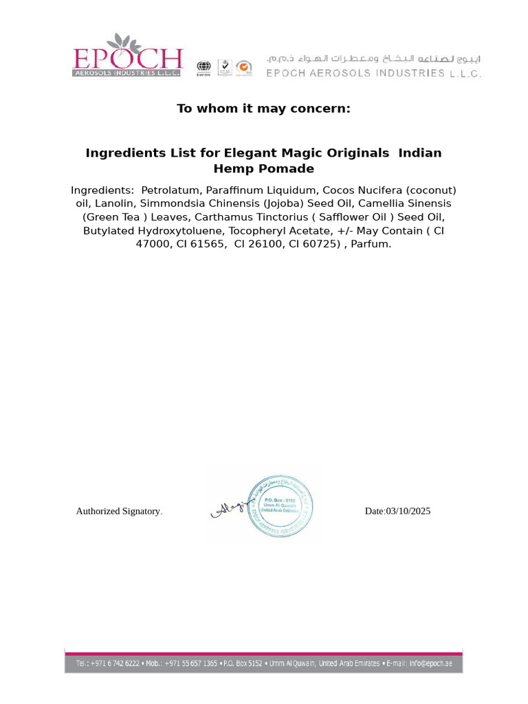 Ingredients List For Indian Hemp Pomade | PDF