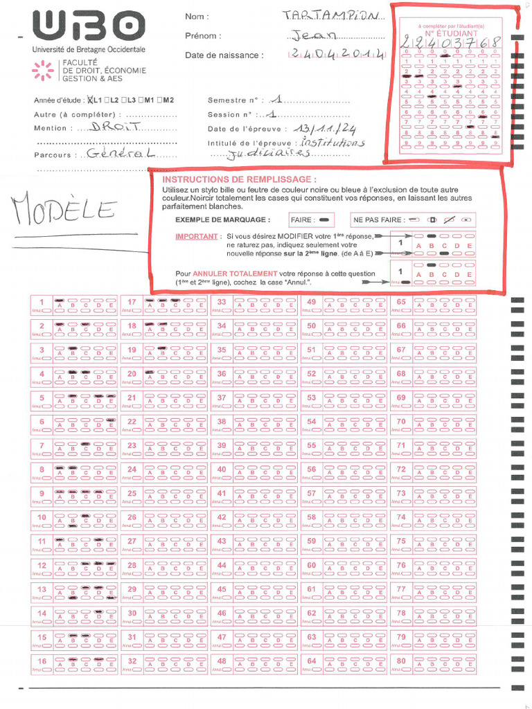 Modèle De Remplissage Grille Qcm Pdf
