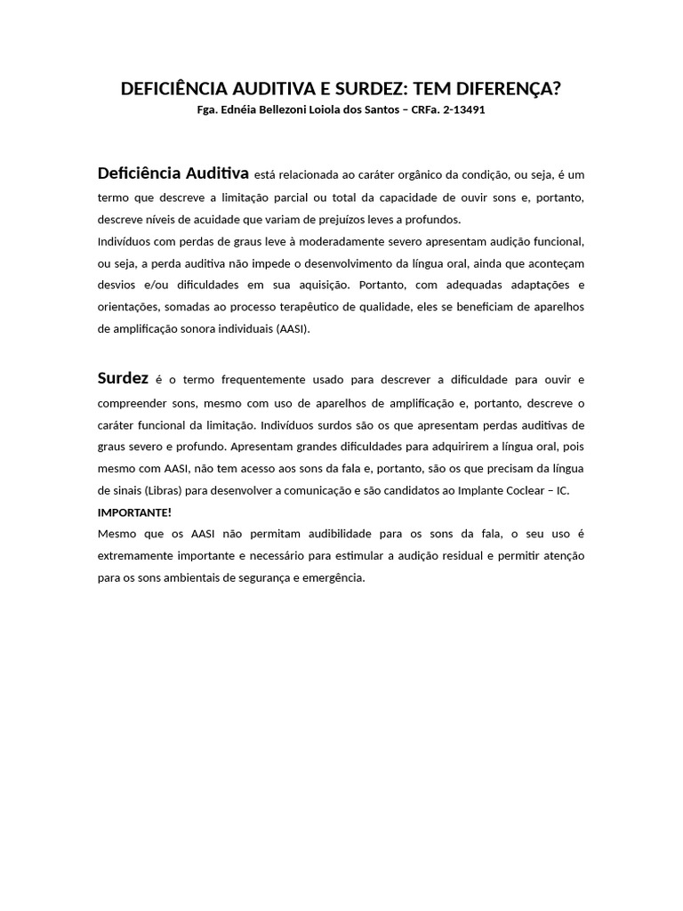 Diferença entre Deficiência Auditiva e Surdez | PDF