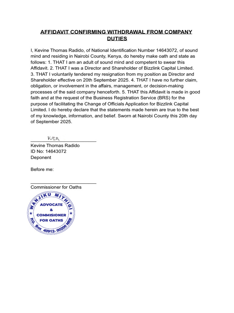 Affidavit and Resignation KEVINE THOMAS RADIDO | PDF