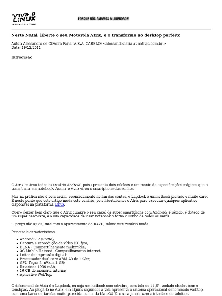 Webtop Atrix | PDF | Android (sistema operacional) | Smartphone