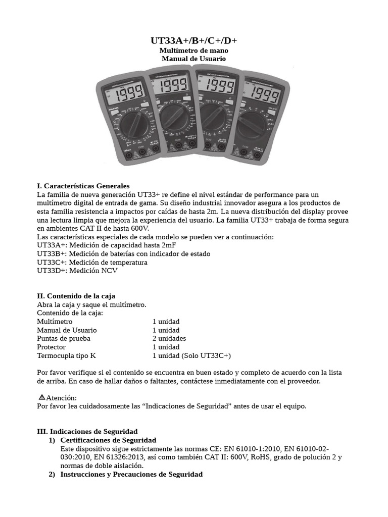 Multímetro UT33+: Manual de Usuario | PDF | Resistor | Corriente eléctrica