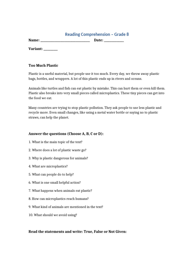 Grade 8 Reading on Plastic Pollution | PDF