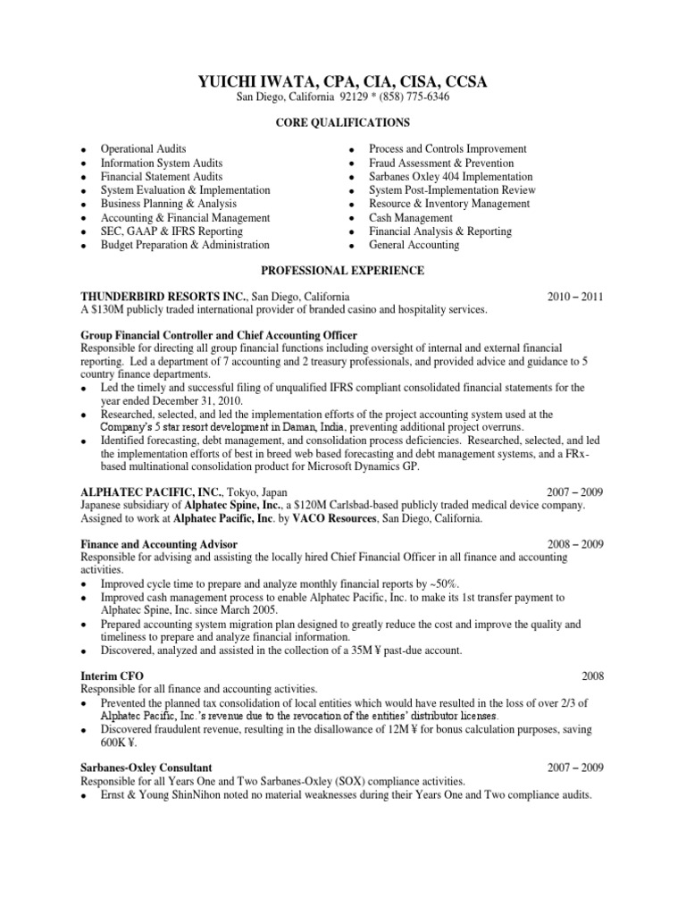 Vice President Director Internal Audit Controller in San Francisco CA Resume Yuichi Iwata | PDF ...