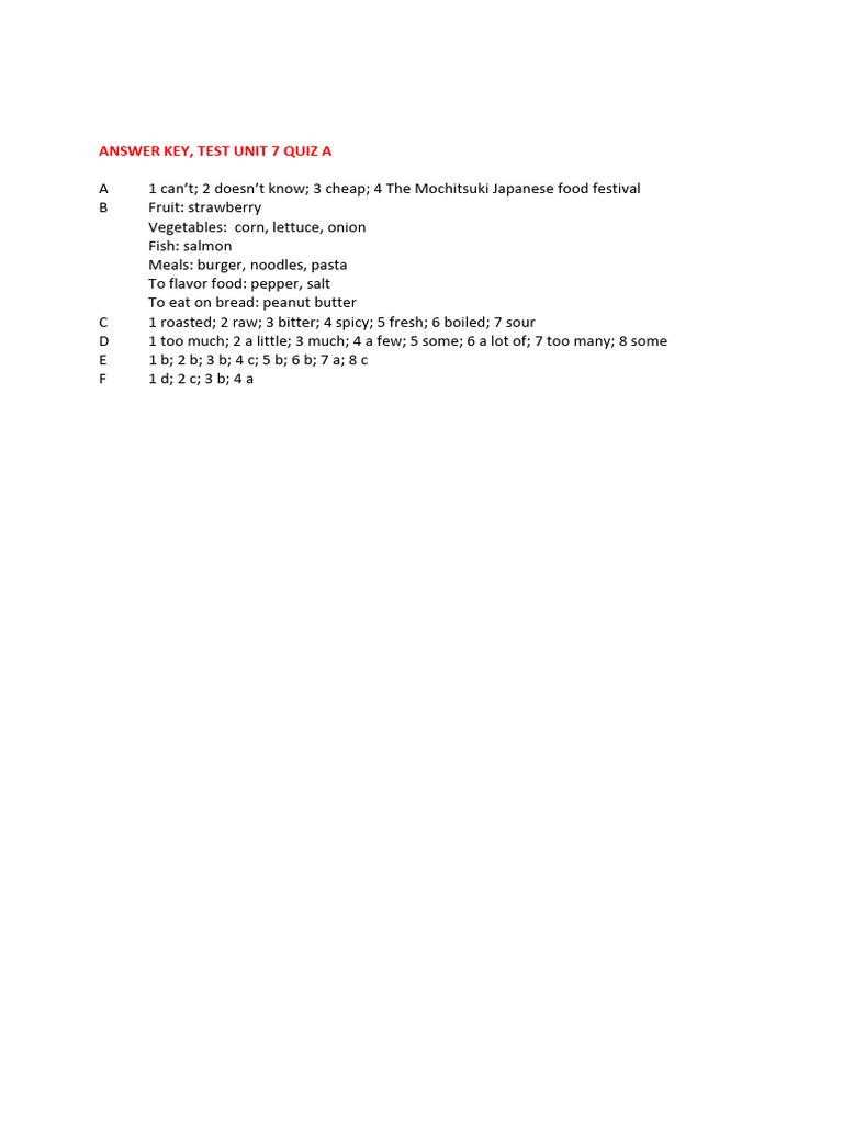 Unit 7 Quiz A Answer Key | PDF