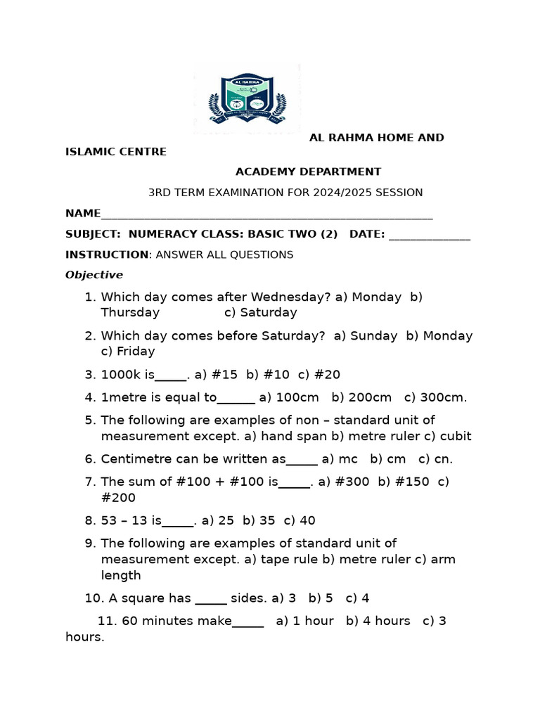 Basic Numeracy Exam for 2024/2025 | PDF | Litre | Length