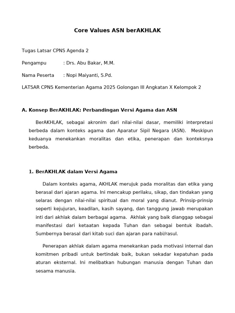 A10K2_Nopi Maiyanti_Core Values ASN berAKHLAK | PDF
