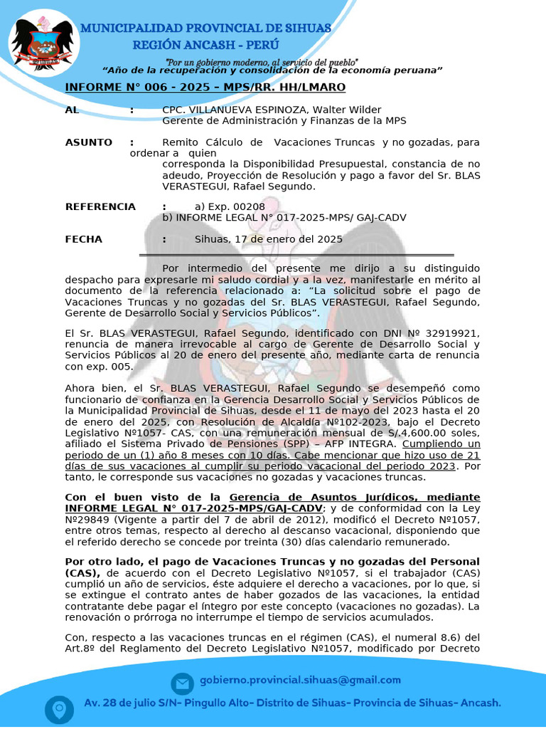 Informe Nº006-2025-Rrhh - Remito Calculo de Vacaciones Truncas y No Gozadas | PDF | Vacaciones
