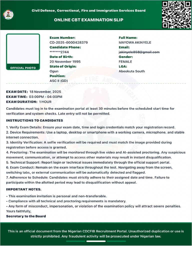 Mayowa Janet Akinyele Application Slip | PDF