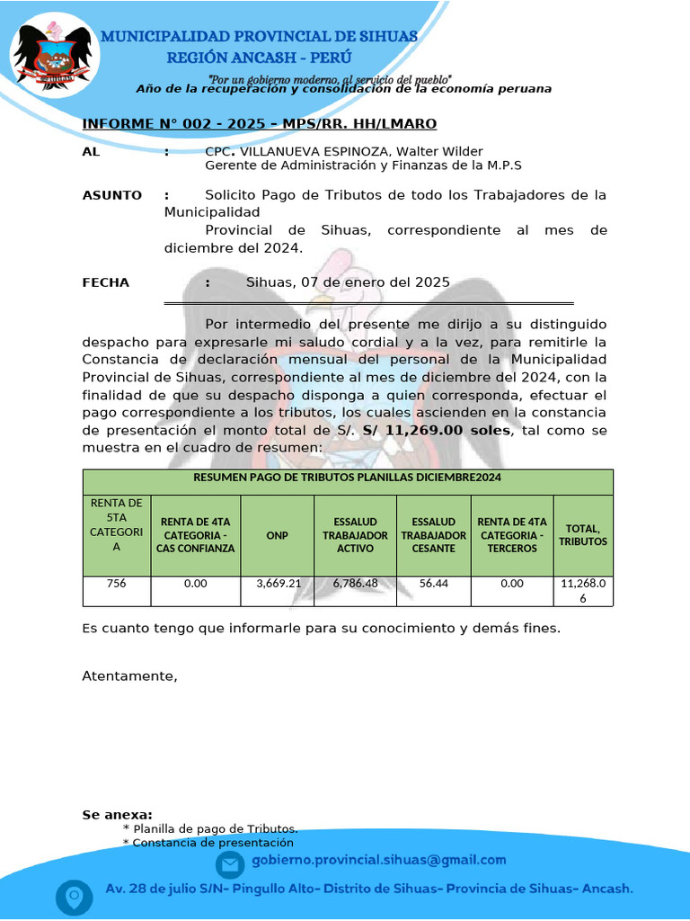 Informe Nº002-2025-Rrhh - Solicito Pago de Tributos Mes Diciembre 2024 ...