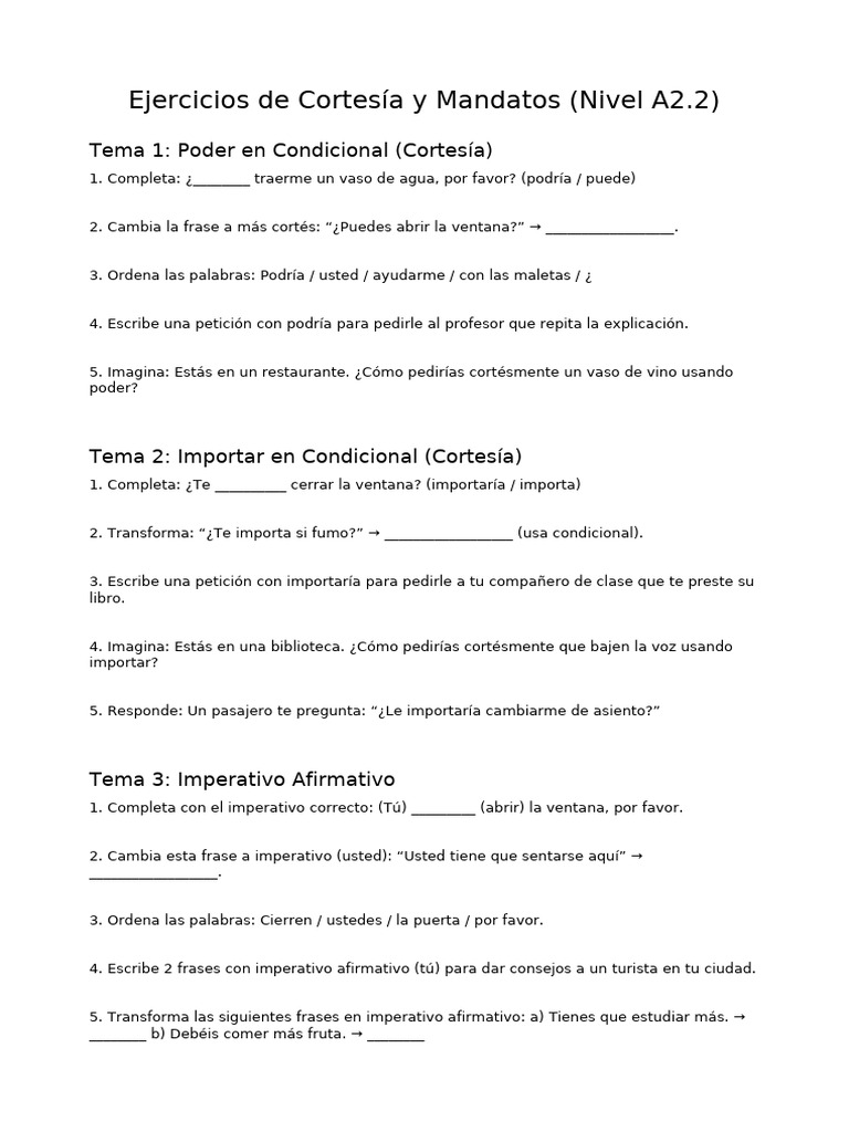 Ejercicios de Cortesía y Mandatos A2.2 | PDF