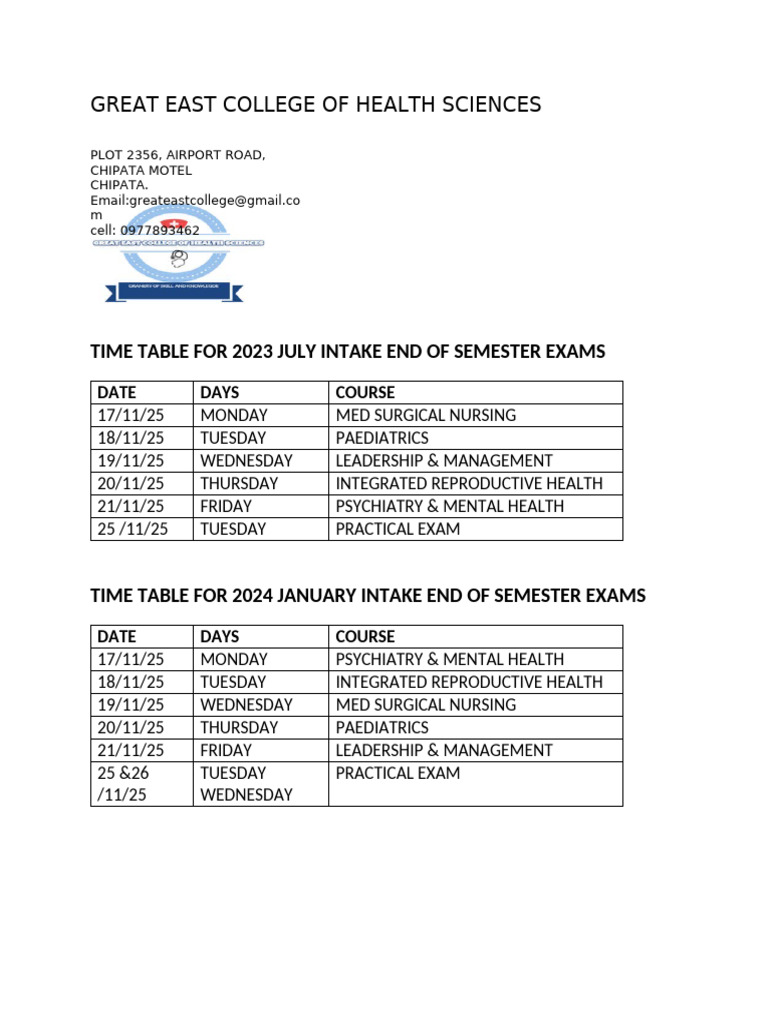 Exam Timetable For All Intakes | PDF