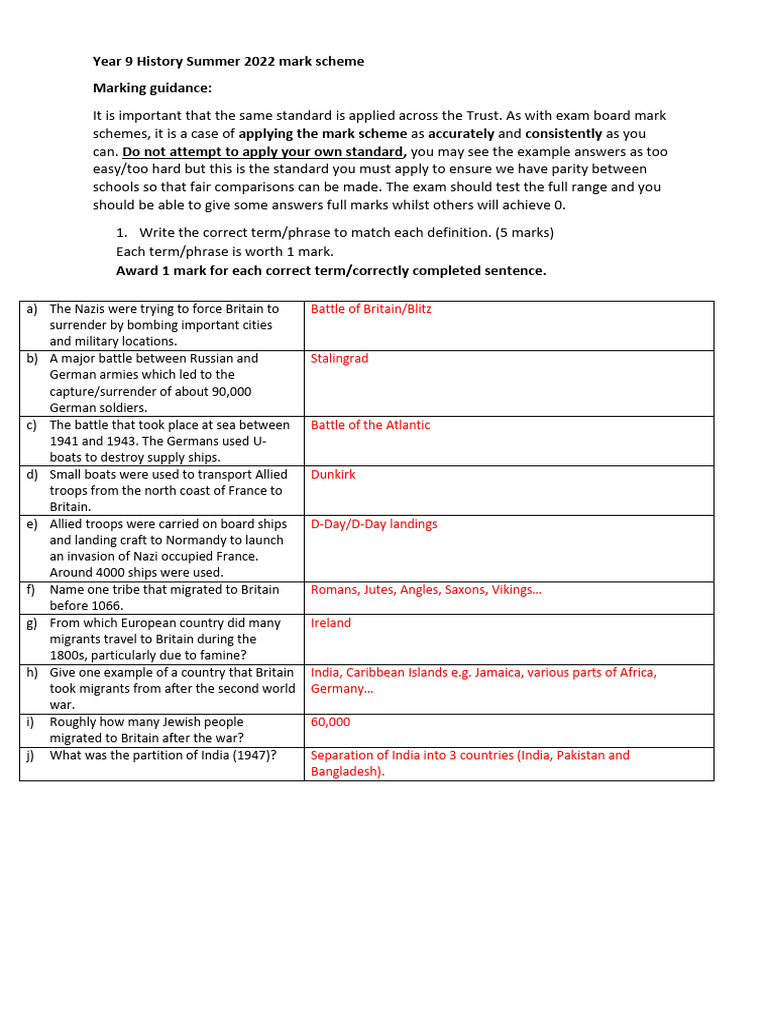 Year 9 History Summer 2022 Mark Scheme | PDF | Knowledge | Normandy ...