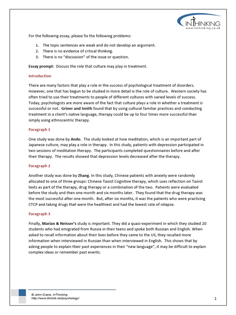 Culture Essay Task | PDF | Major Depressive Disorder | Therapy