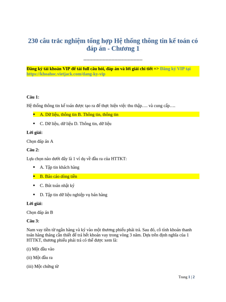 230 Cau Trac Nghiem Tong Hop He Thong Thong Tin Ke Toan Co Dap An ...